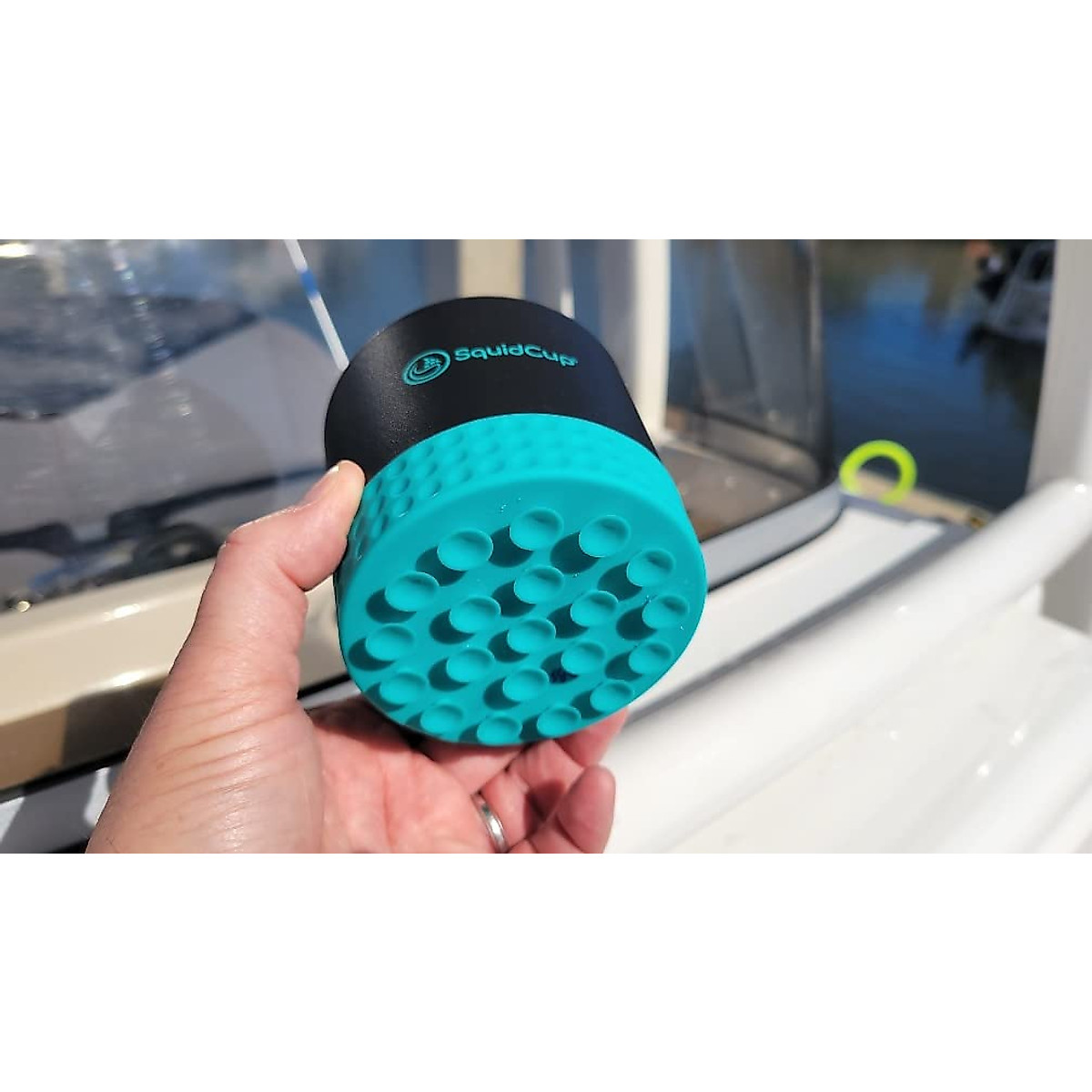 SquidCup Non-Tipping Portable Universal Cup, Can, and Bottle Holder for Boats, (Black/Teal 2 Pack) Includes Optional SquidDisk Mount for Textured Surfaces