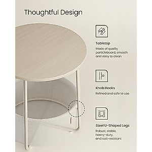 VASAGLE End Table, Small Bedside Table with Fabric Basket, Modern Nightstand, Round Side Table, for Living Room, Bedroom, Cream White ULET223K67