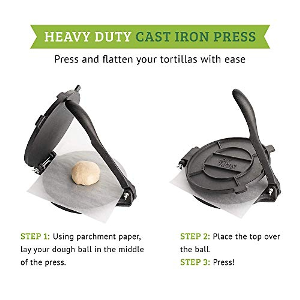 Chef Tacos Authentic Cast Iron Tortilla Press, 8-Inch, Roti Maker Pre-seasoned Corn or Flour Tortilla Maker, Pataconera, Roti Dough