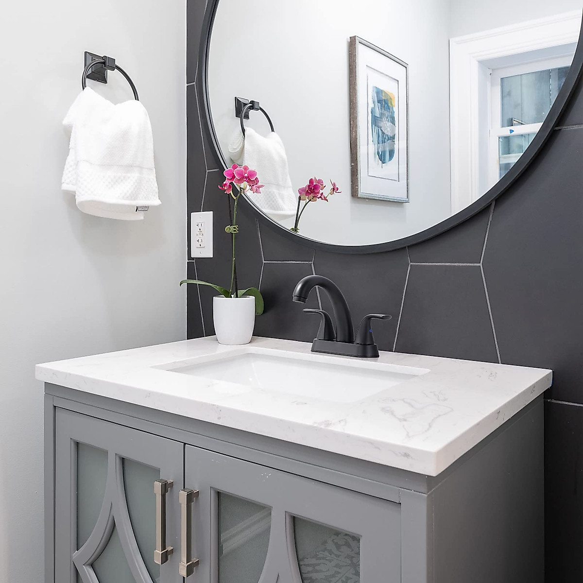 Aleasha 4 inch Centerset Bathroom Faucet Matte Black Bathroom Faucet with 2 Handles, Bathroom Sink Faucet 3 Hole for Restroom Vanity RV Bathroom