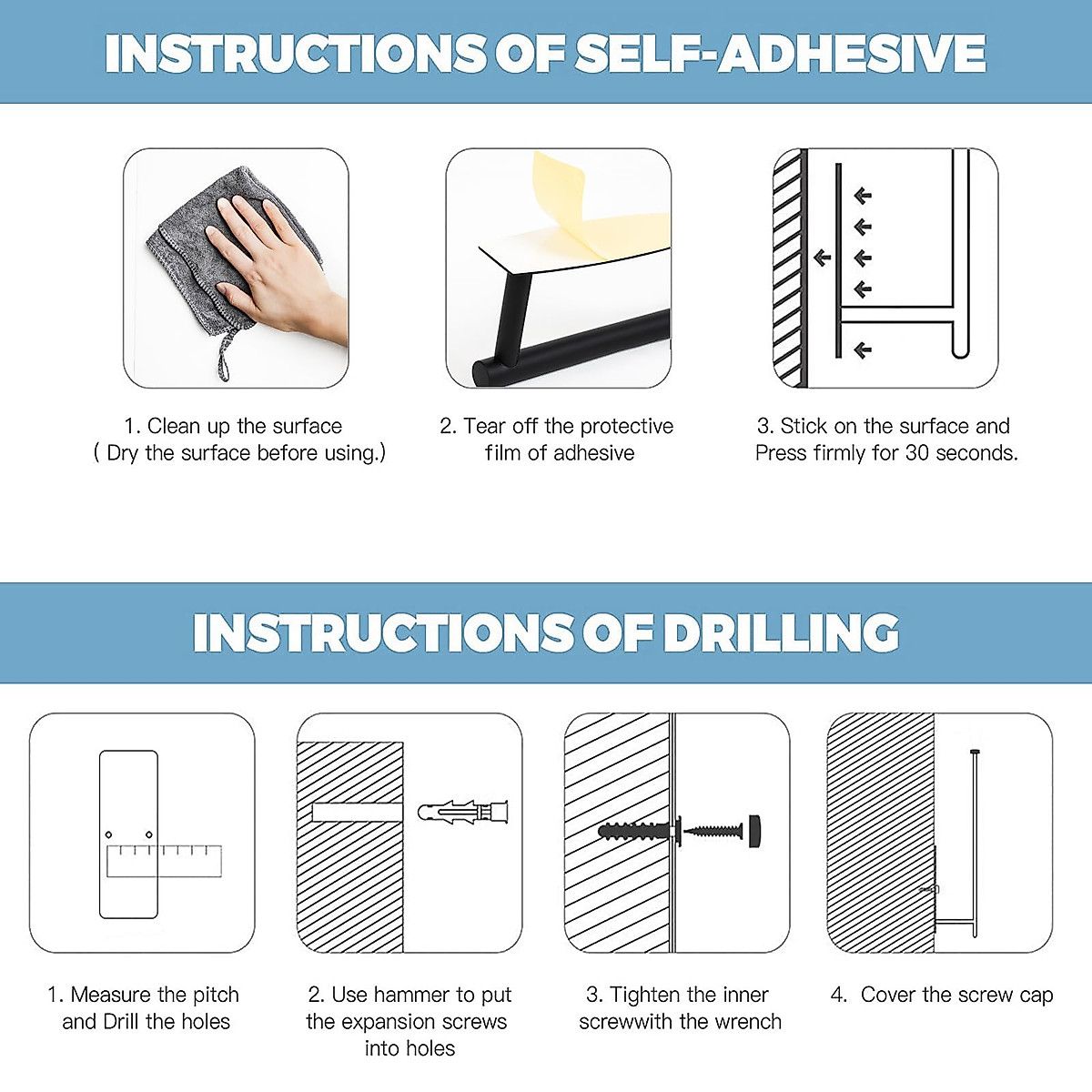 Paper Towel Holders Wall Mount Under Cabinet 13.2In Self Adhesive Drilling SUS304 Stainless Steel Vertically Horizontally for Kitchen Bathroom Door Inside Outside Rustproof Rack