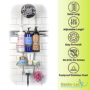 Gecko-Loc Long Adjustable Length Deep Storage Over the Showerhead Hanging Shower Caddy Organizer - Silver