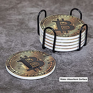 Bridgemore Physical Bitcoin Coasters for Drinks - Set of 6 Ceramic Bitcoin Coin Coasters for Drinks Absorbent with Holder - Great Bitcoin Gift Idea or House Warming Presents for New Home