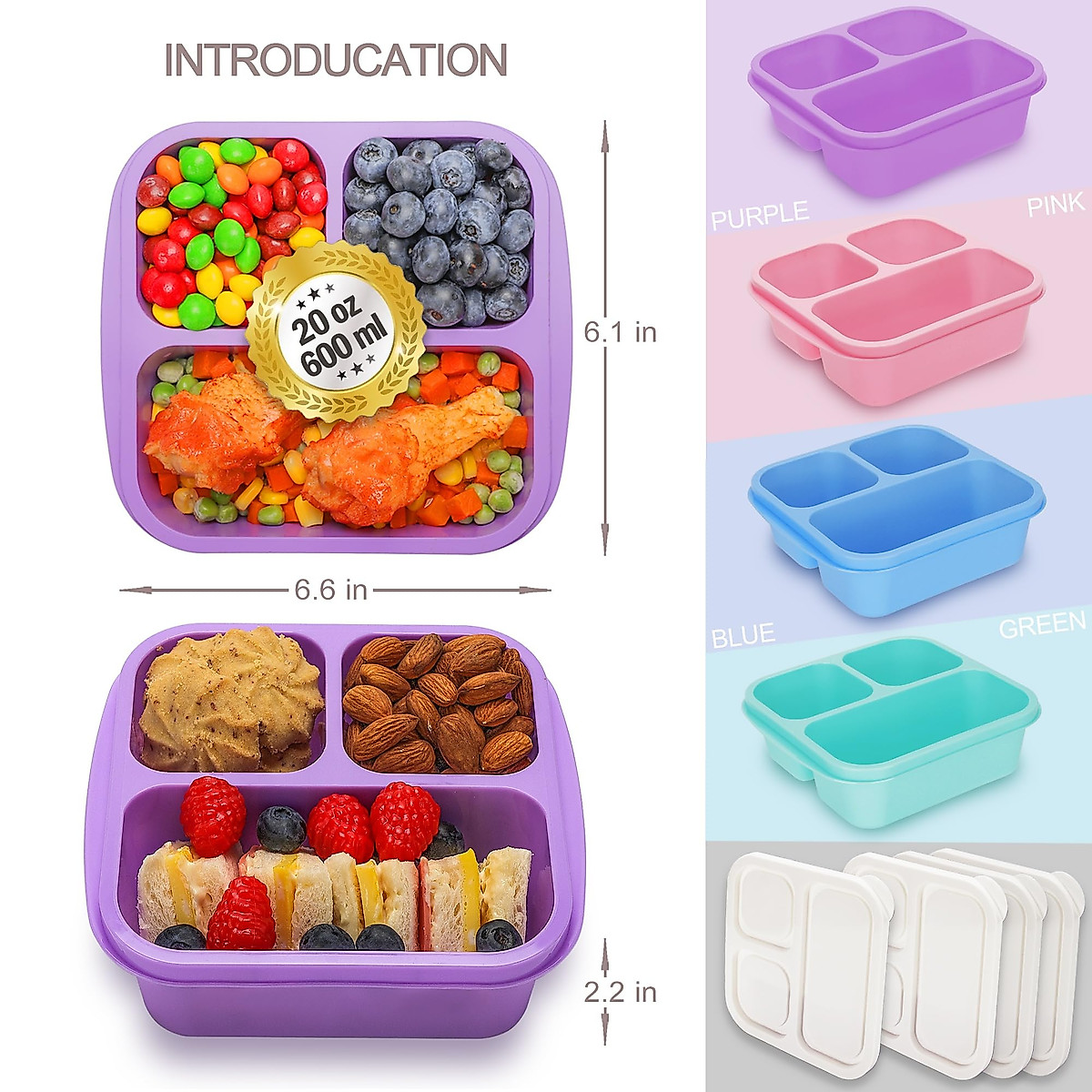 4 Pack Bento Box For Kids, 3 Compartments Bento Snack Box Meal Prep Containers For Adults, Lunchable Container for Kids, Reusable Food Storage Containers Snack Containers for School, Work, Travel