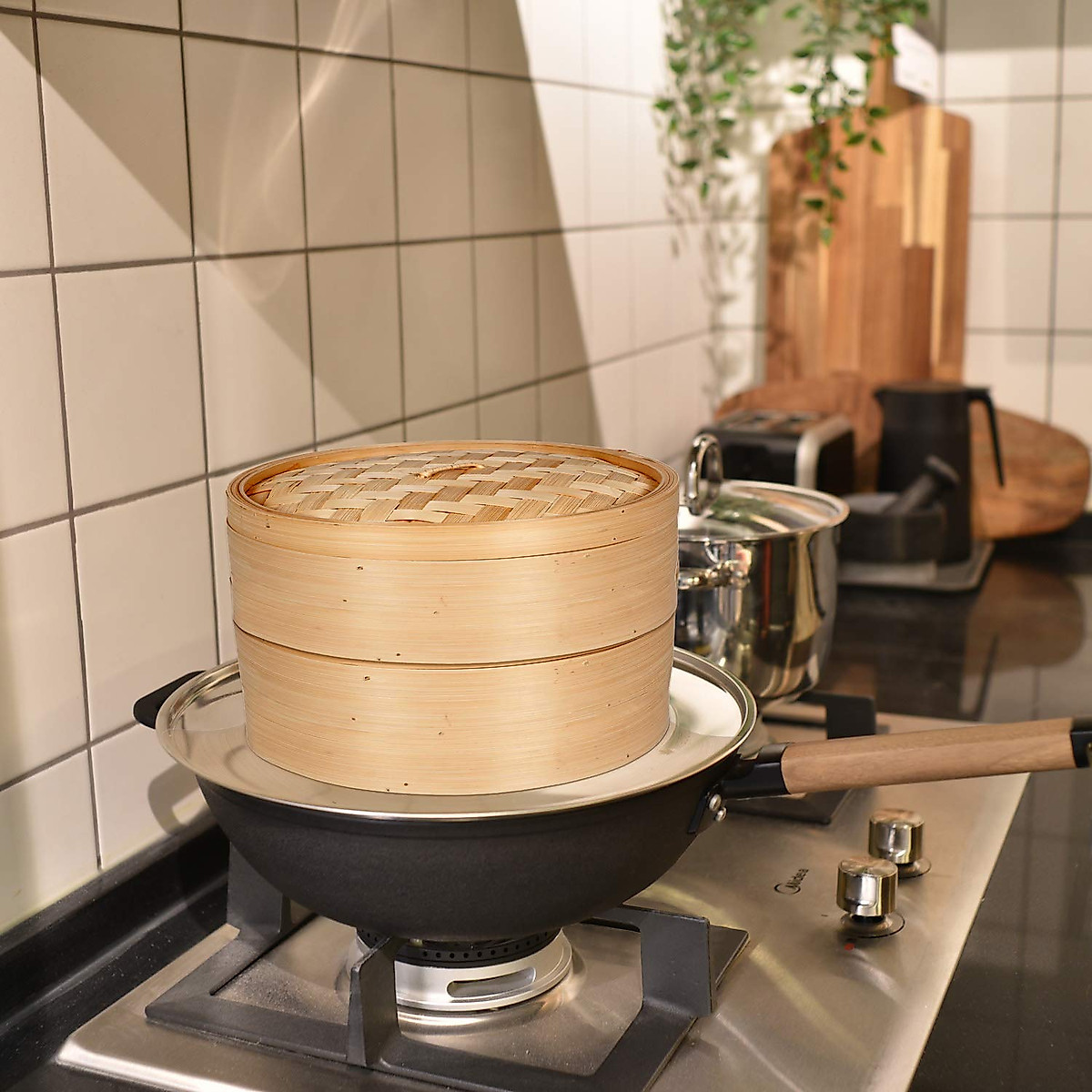 Large Bamboo Steamer Ring Adapter - Stainless Steel - fits 8 to 13 inches Steamers and Pots - 10 Paper Liners included