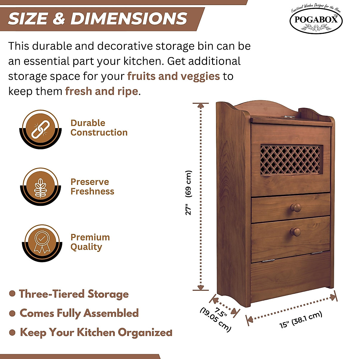 POGABOX Potato Onion & Garlic Storage Box - Vegetable Wooden Bin for Home and Kitchen, Classic Vegetables Organizer Garlic Keeper with Flip Top