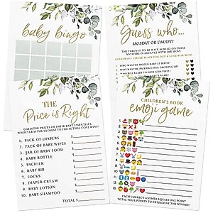 Printed Party Baby Shower Games for Boy or Girl – 4 Games and Activities, Botanical Greenery Theme, 30 Guests