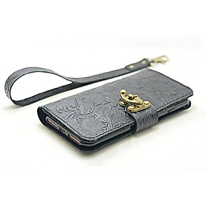 Handmade Genuine Leather Wallet Case For Iphone 14 Pro Max 13 mini Case Leather Case For Iphone 14 plus 14 pro 13 12 11 With Wristlet BLACK Pattern