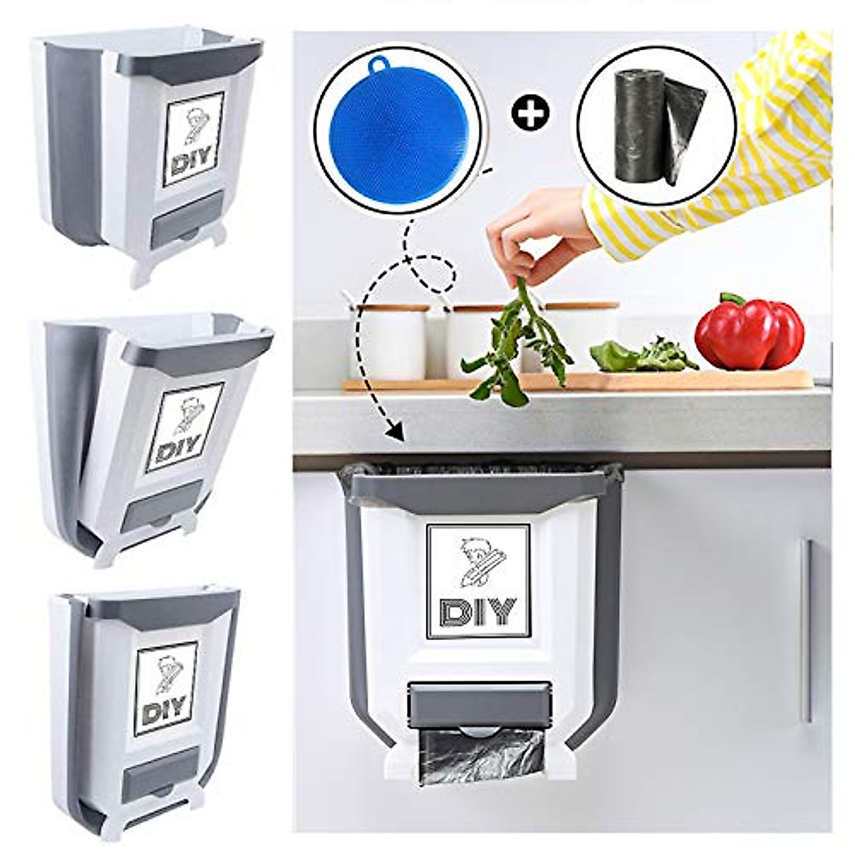 XIJING Small Hanging Kitchen Trash Can, Portable Mini Garbage Can and Collapsible Compact Trash Bin for Kitchen Cabinet Door Drawers, Room, Car, Bedroom Plastic Waste Bin - 9L/2.4 Gallon (White)