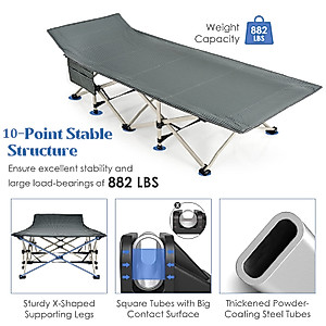 GYMAX Camping Cot, 882 LBS Folding Camping Cot for Adult with Carry Bag & Side Pocket, Heavy Duty Quick Folding Design Camping Bed for Sleeping/Nap, Portable Lightweight Military Cot (1, Grey)