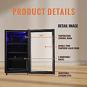 WANAI Beverage Refrigerator Cooler Mini Fridge Glass Door 125 Cans Beer Fridge Drinks Organizer for Soda Wine Small Refrigerator with 7 Thermostat 3 Shelves LED Lights for Home Bar Office