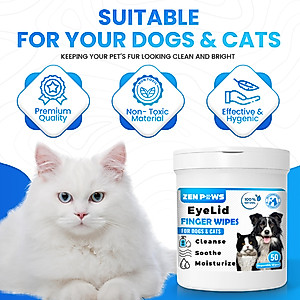 Zenpaws Cat & Dog Eye Wipes – Easy to Use 50 Finger Wipes – Gently Remove Tear Stains, Eye Discharge, Discharge, Mucus Secretions. Treats Inflammation & Itchiness