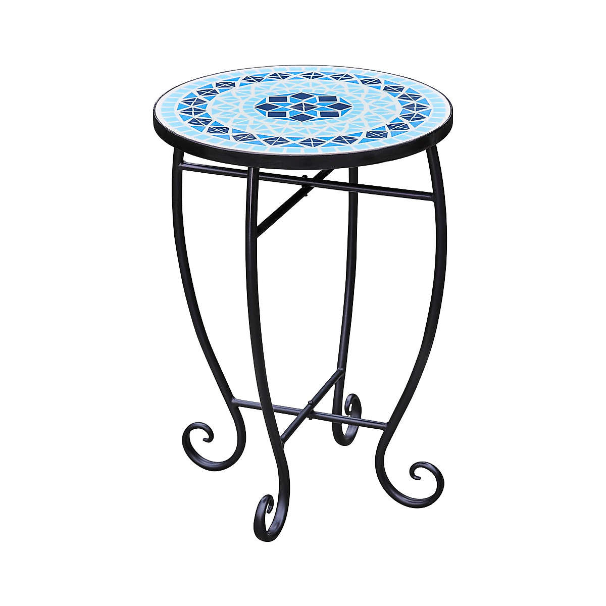 Teamson Home 14 Inch Round Small Outdoor Patio Weather Resistant Planter Stand with Iron Frame, Curved Legs and Ceramic Mosaic Surface, Blue