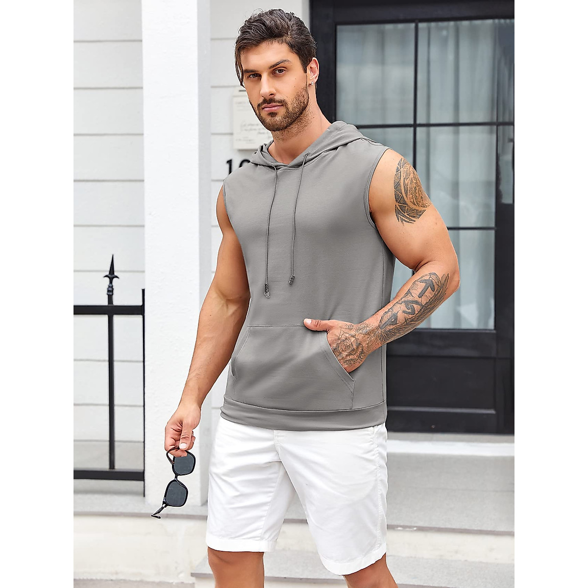 Makkrom Mens Workout Hooded Tank Tops Sports Training Sleeveless Gym Hoodies Bodybuilding Cut Off Muscle Shirts Grey