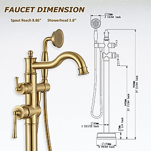 WINKEAR Freestanding Floor Mount Tub Filler with Handheld Shower Roman Bathtub Faucet by Brushed Gold Finish, Swivel Spout with Brass Rough-in and Water Hose