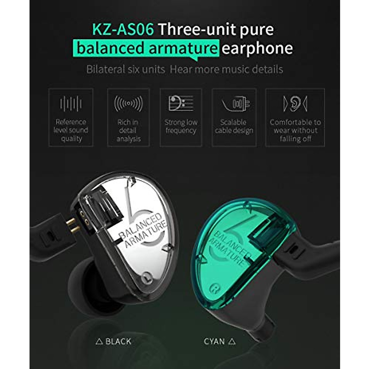 KZ IEM Earphone 3BA Balanced Armature Headphone HD Sound in Ear HiFi Stereo Noise Cancelling Earbuds AS06 Triple-Driver Universal-Compatible with Smartphones (Cyan with MIC)