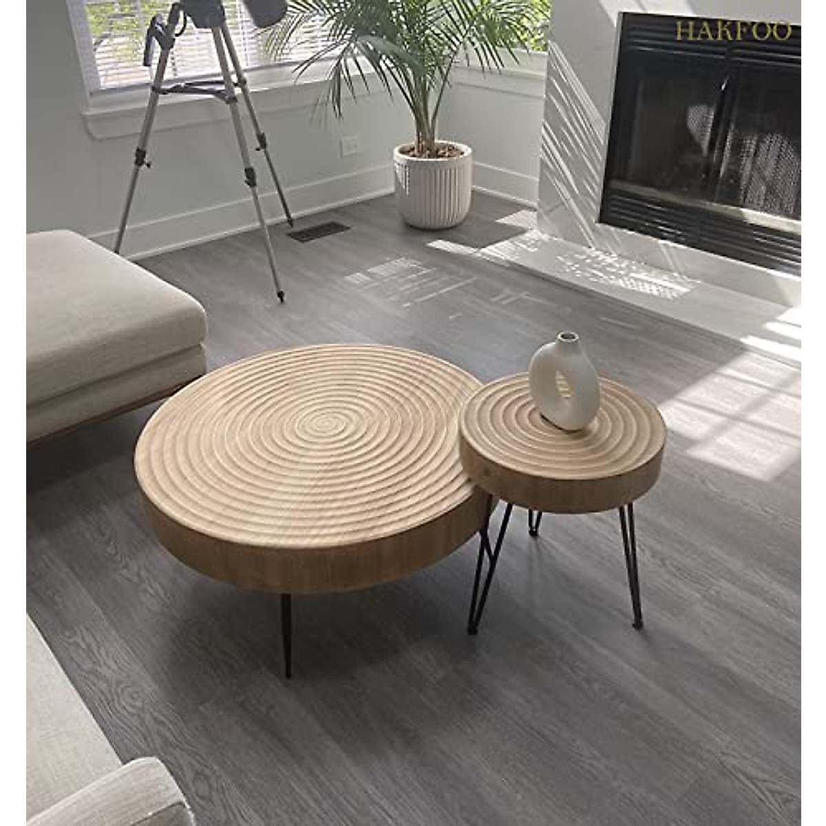 Uspeedy 2-Piece Farmhouse Wooden Coffee Table Set,Boho Coffee Table,Living Room Round Coffee Table Set,Nesting Table Round Wooden Finish with Ring Motif (Wood 1)