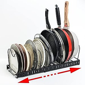 Kaiihome Pots Lid Organizer Rack - Expandable Pot and Pan Organizer for Pot Lids, Pans, Cutting Boards, Extended 12 to 23 inches - 13 Compartments