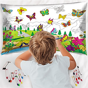 Qyeahkj Coloring Pillowcase for Kids Butterflies Craft Washable Markers for Kids 29 x 21inch Color Your Own Pure Cotton Soft Spring Butterfly Pillow Covers Set Reusable Arts and Crafts for Kids