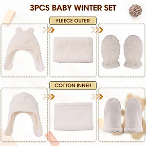 Fleece Baby Hat and Mitten Set Winter Toddler Beanie Warm Scarf Infant Ears Earflap Hood Scarves Caps for Baby Boys Girls (White, S)