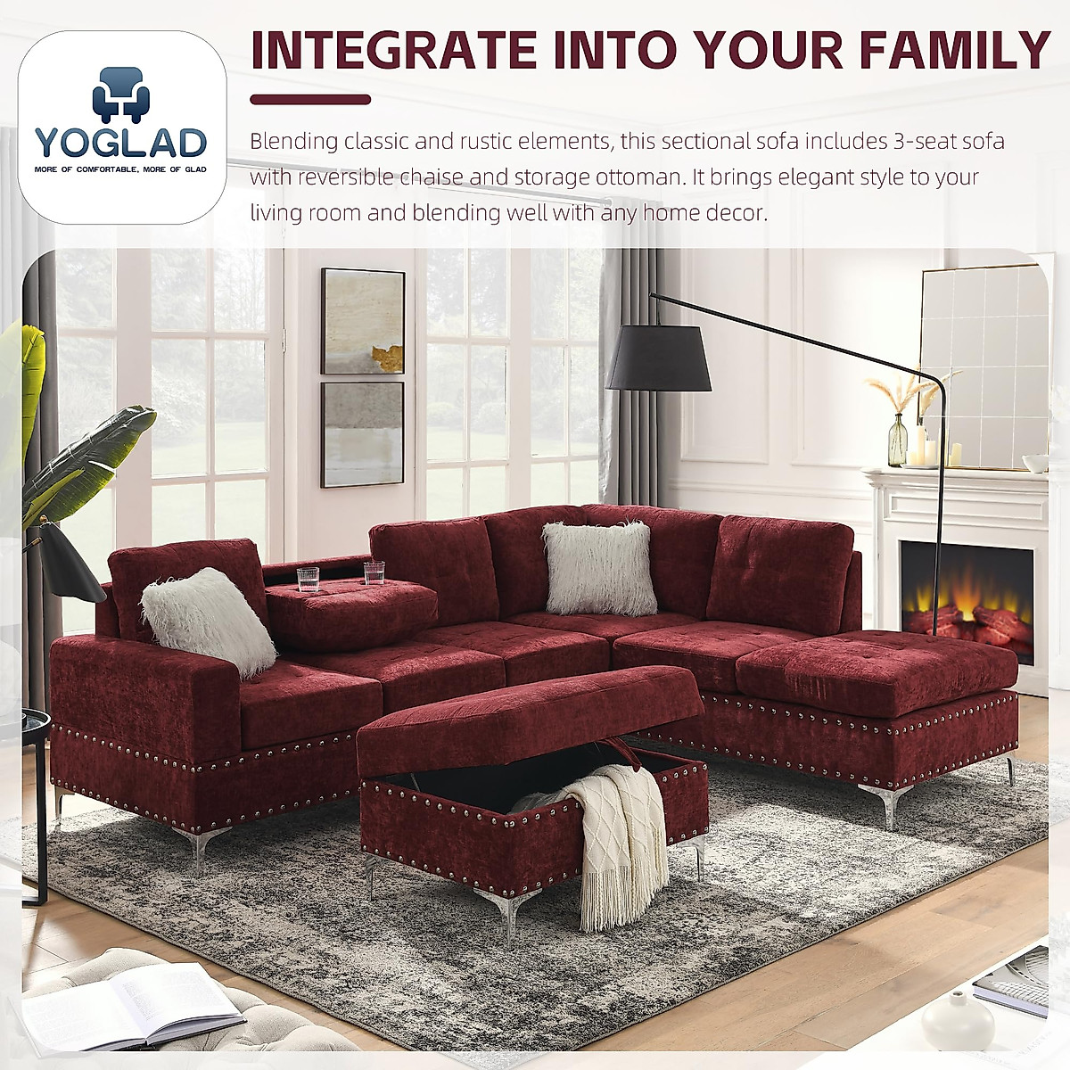 Yoglad Living Room Furniture Set, Sectional 5-Seater Sofa with Reversible Chaise, Corner Sofa Set with Ottoman, L Shaped Couch for Apartment, Living Room (107.5 Inch Chenille, Red)
