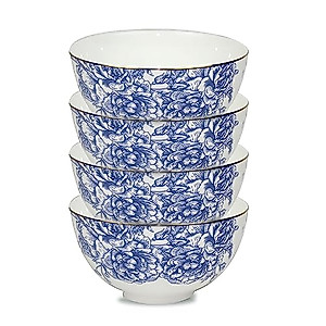 Koken- 4 Bowls Set Fine Bone China with design - Blue & White with Golden Ring - Salad bowls - Soup bowls - Cereal bowls - Mixing Bowls - Kitchen Essentials & Tableware.