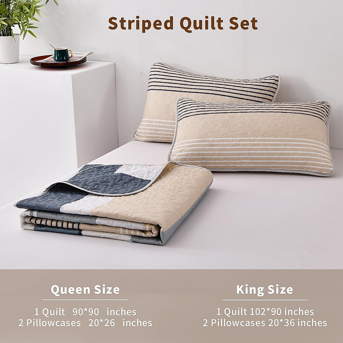 Dinjoy Grey Boho Quilt King Striped Khaki Bedspread Lightweight Boho 3 Pieces Reversible Quilt Set Micofiber Farmhouse Quilt Set with 2 Pillowcases for All Seasons Fall (Gray Striped Quilt)