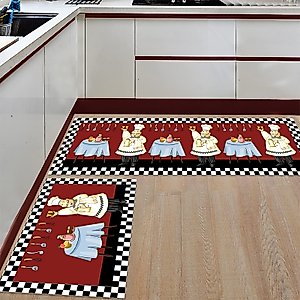 Kitchen Rugs and Mats Chef Kitchen Gourmet Black White Buffalo Plaid Floor Mats Non-Slip Doormat Washable Kitchen Runner Rug for Kitchen Home Office Sink Laundry (2 Piece, 19.7"x31.5"+19.7"x63")