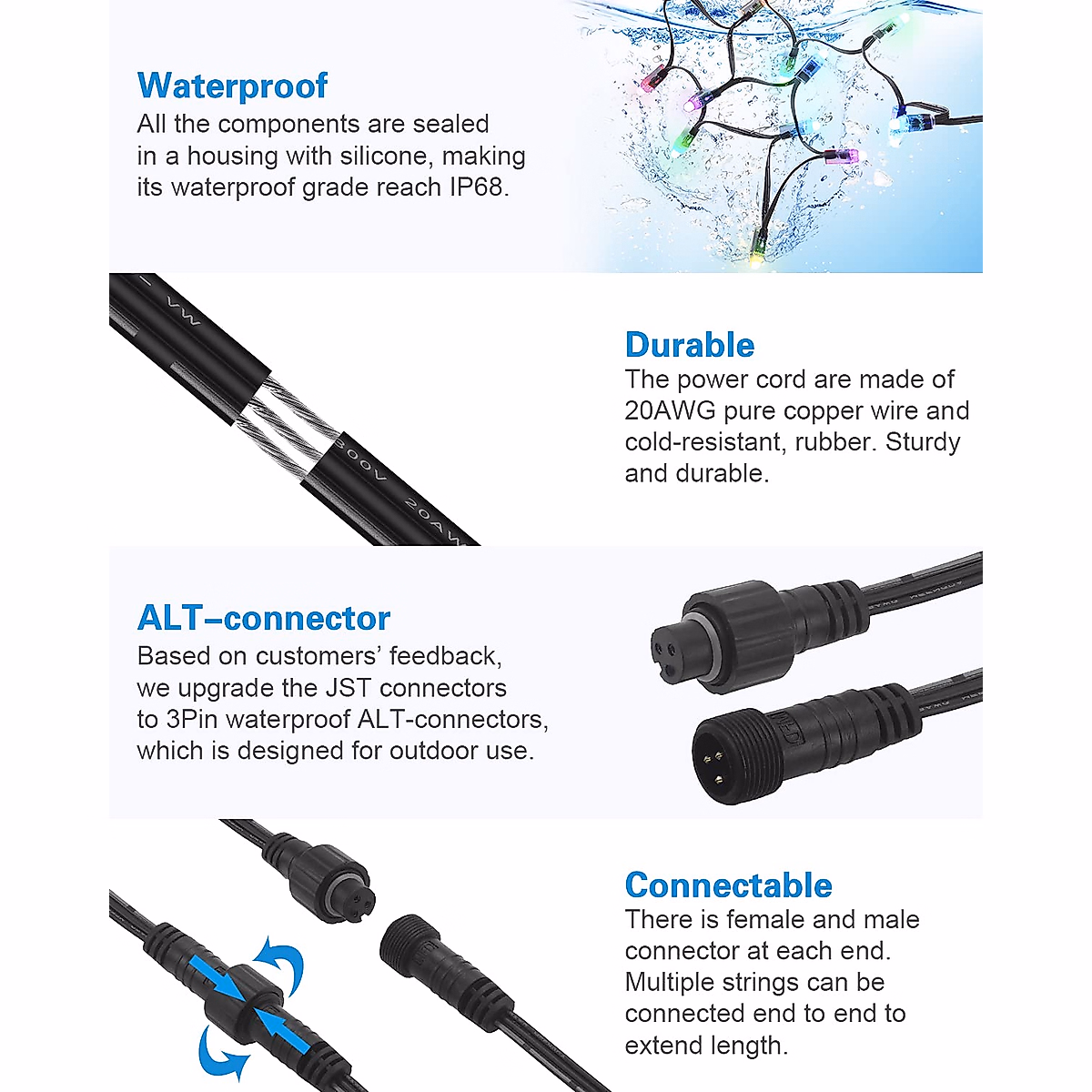 ALITOVE WS2811 12V LED Pixels 12mm 8 inch Spacing 50 LEDs Addressable RGB LED Bullet String Lights Diffused Digital Dream Color Programmable Module Lights Waterproof IP68 with 3pin ALT-Connector