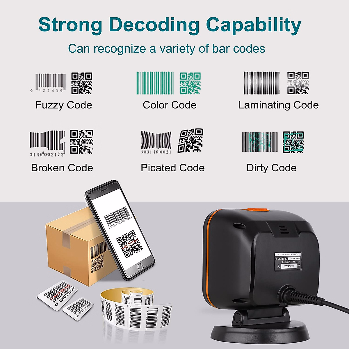 OBZ 1D 2D Desktop Barcode Scanner, QR Code Scanner USB Wired Hands-Free Barcode Scanner Omnidirectional Automatic Cash Register Scanner with Large Scan Window for POS PC, Store, Supermarket
