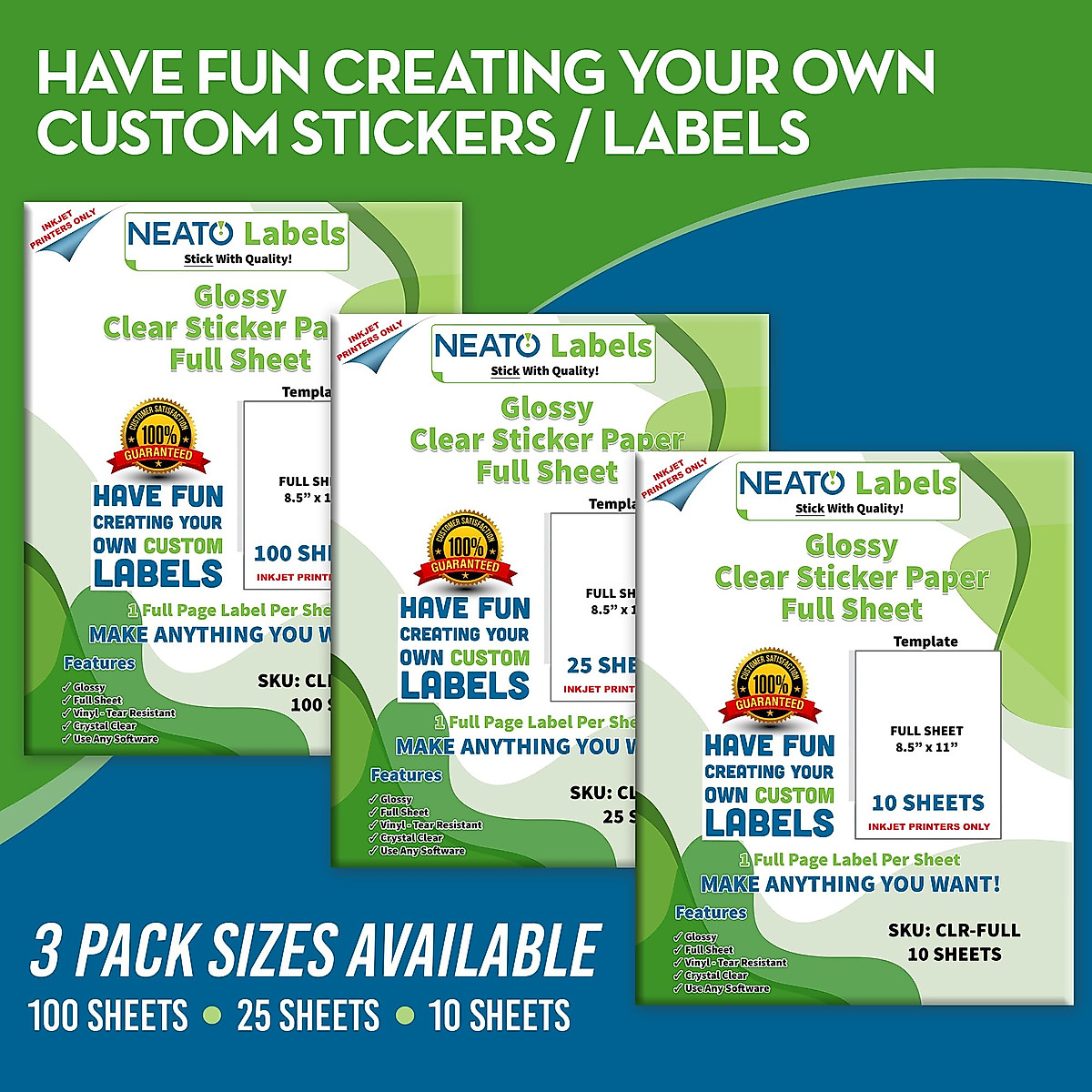 Clear Sticker Paper - Vinyl Full Sheet Label - Weatherproof - for Inkjet and Laser Printers - 10 Premium 8.5 x 11 Inch Clear Printable Sticker Paper - Tear Resistant- Includes Online Design Software's