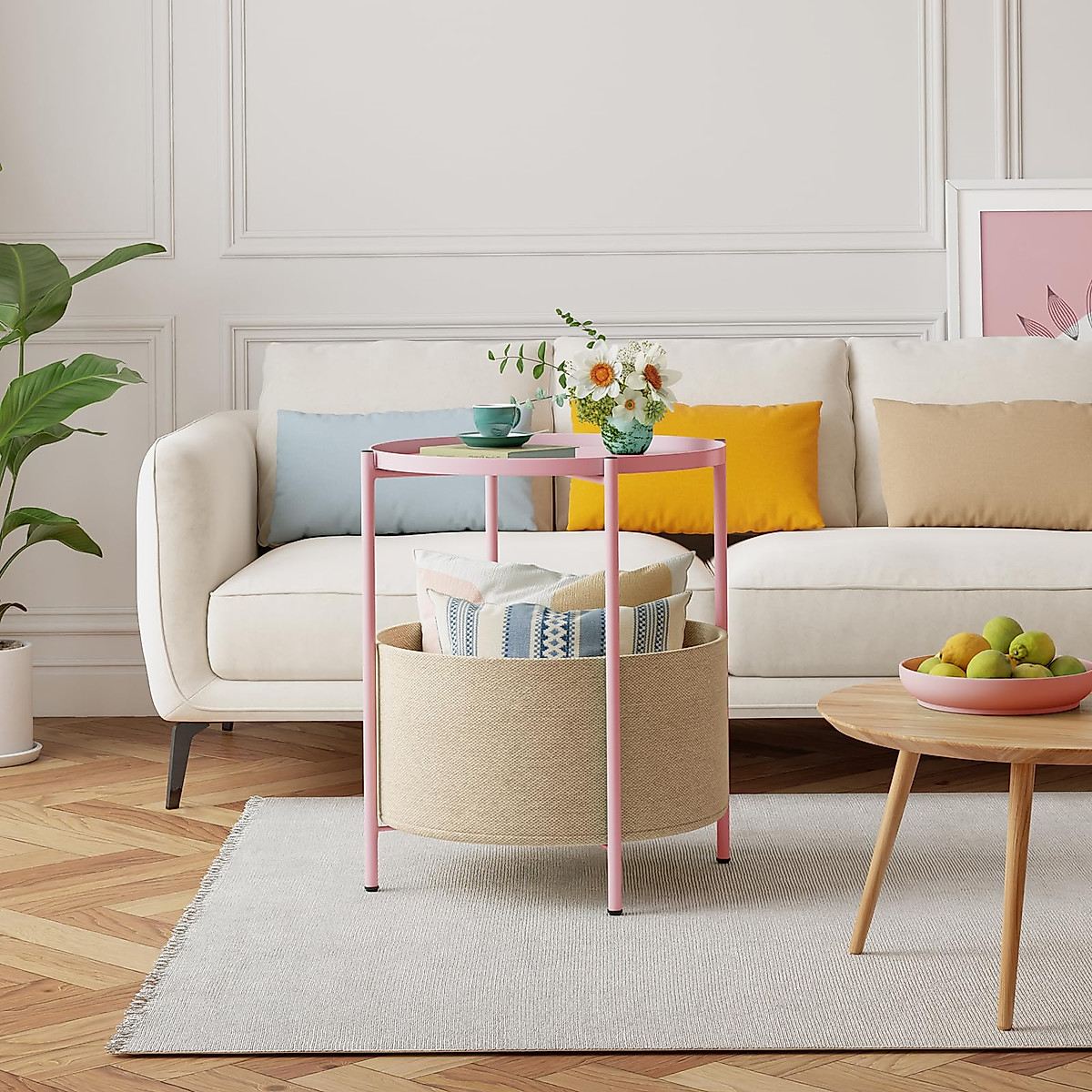 Fixwal Round Side Table, Bedside Table, Pink Nightstand, Metal Side Table with Fabric Storage Basket, Small End Table with Removable Tray, Dresser for Kids Bedroom, Nursery, Laundry