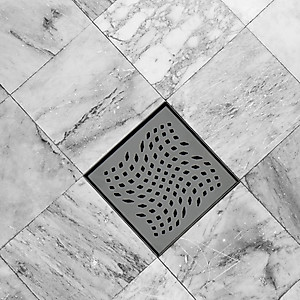 Matte Black Shower Drain with Flange, HIDROP SUS 304 Stainless Steel 4 inch Square Shower Floor Drain with Removable Hair Strainer