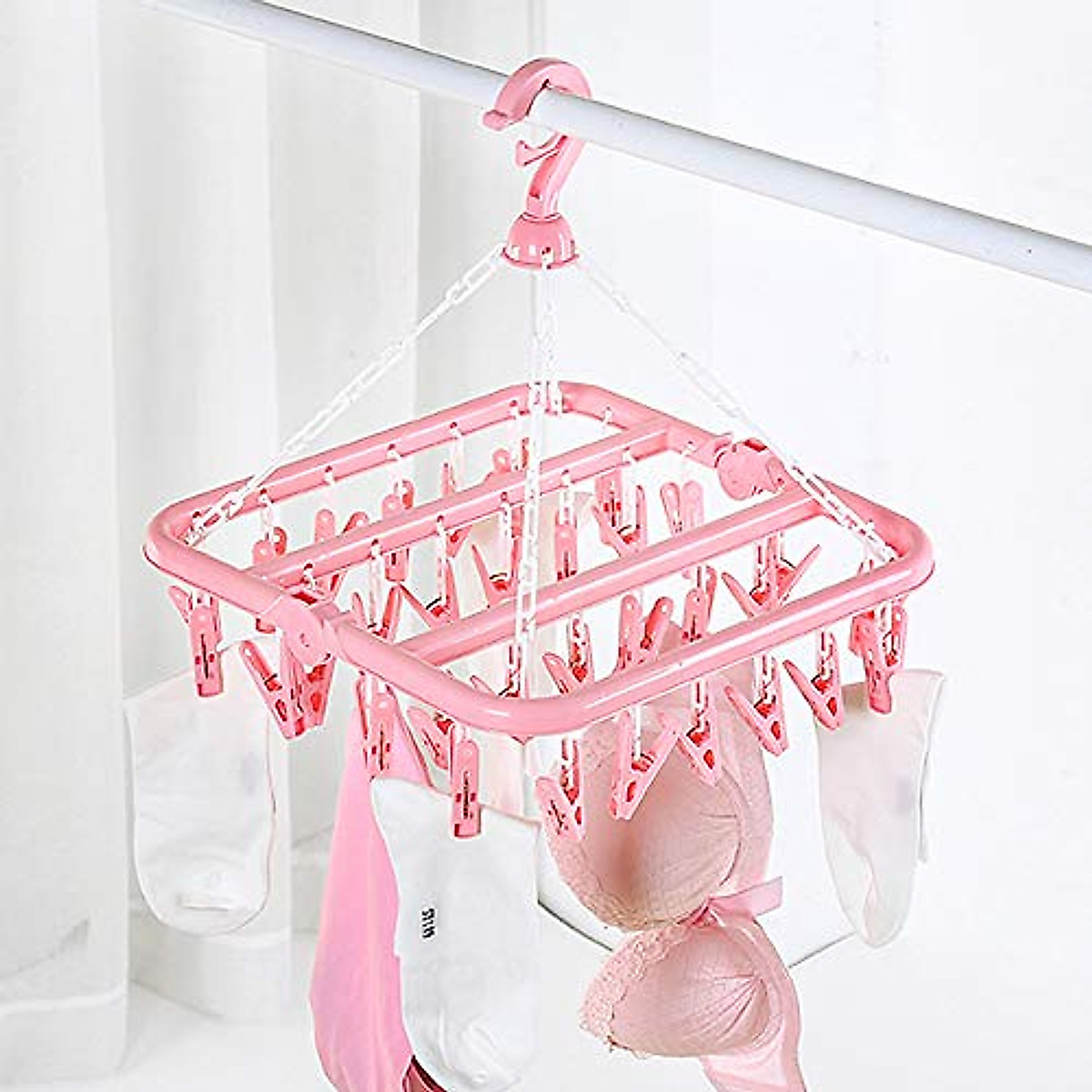 SteelFever Clothes Drying Hanger with 32 Clips, Foldable Hanging Drying Rack for Clothes Underwear Socks (Pink)