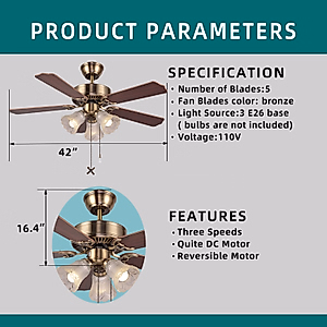 TWLITE 42 Inch Indoor Ceiling Fan with Pull-chain and Three LED Light Bulbs Base, Traditional 3-Speeds Reversible Blades Ceiling Fan (Antique)