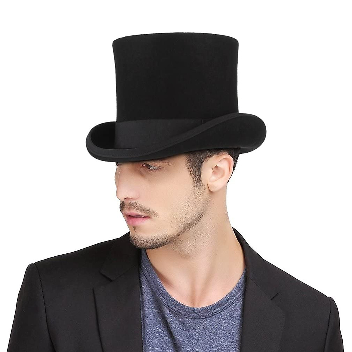 GEMVIE Men 100% Wool Mad Hatter Satin Lined Black Top Hats 6.7" High Topper Hat