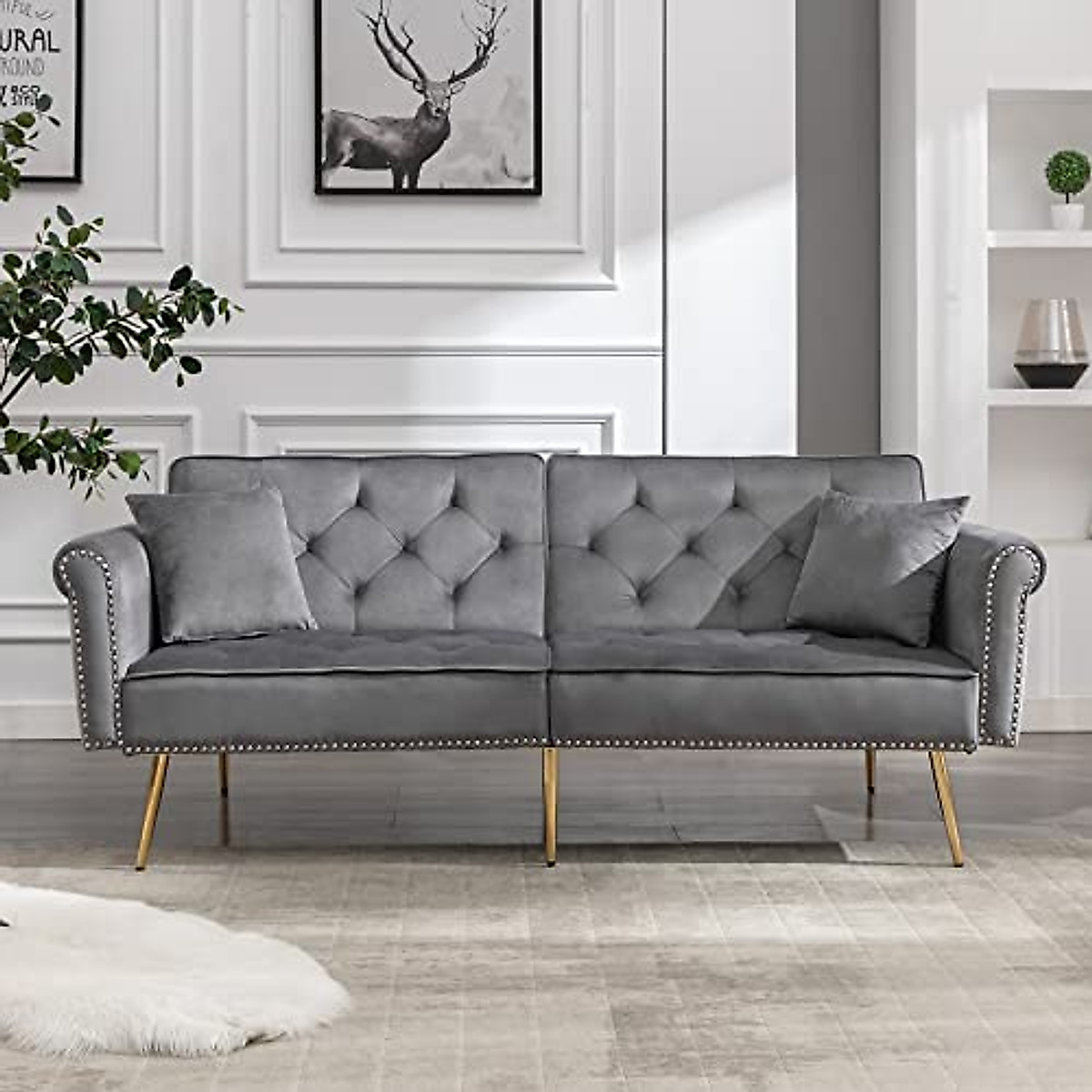 civama Futon Sofa Bed, Velvet 76" Twin Size Couch with 2 Pillows, Convertible 3-Seater 3 Adjustable Angle Tufted Sleeper with Nailhead Trim, Golden Metal Legs Folding Futon for Living Space, Gray
