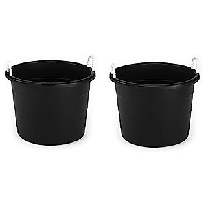 Homz 18 Gallon Plastic Multipurpose Utility Storage Bucket Tub with Strong Rope Handles for Indoor and Outdoor Use, Black, (2 Pack)