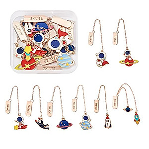 Beadthoven 8pcs Space Theme Metal Bookmarks with Chain Metal Enamel Charms Cute Astronaut Planet Rocket Metal Book Marker Page Clip Pendants for Student Kids School Office Book Reading Supplies