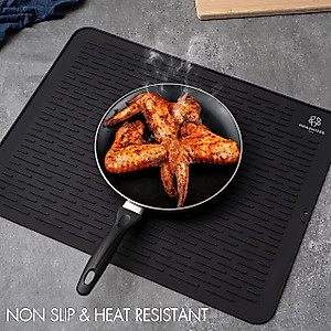 Homewizer Extra Large, 23” x 18” Silicone Dish Drying Mat for Kitchen Counter, Heat Resistant, Non-Slip Design, Quick Dry, Easy Clean, Raised Edge Holds Water, BPA Free, Food Grade Silicone- Black