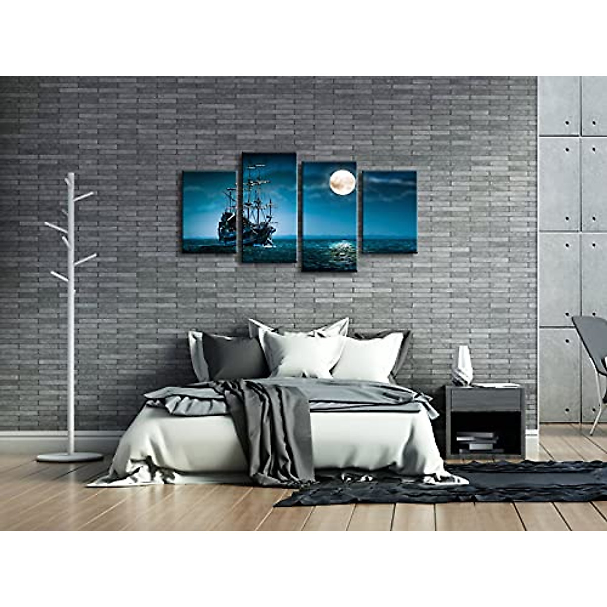 Pyradecor Night Navigation 4 Piece Modern Stretched and Framed Seascape Artwork Giclee Canvas Prints Moon Pictures Paintings on Canvas Wall Art for Living Room Bedroom Home Decorations