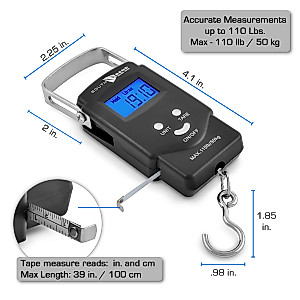 South Bend Digital Hanging Fishing Scale and Tape Measure with Backlit LCD Display, 110lb/50kg Weight Capacity (Batteries Included)