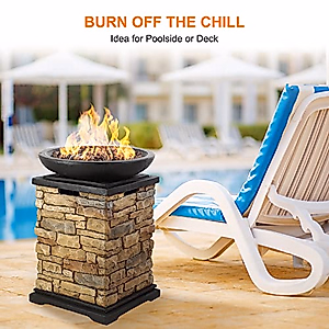 Camplux Propane Firebowl Column, 40,000 BTU Outdoor Gas Fire Pit with PVC Cover and Lava Rocks, Garden Slate Rock Look