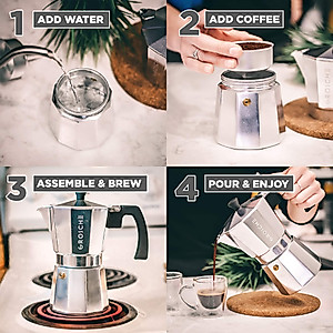 GROSCHE Milano Stove top espresso maker (6 espresso cup size 9.3 oz) Silver, and battery operated milk frother bundle for lattes