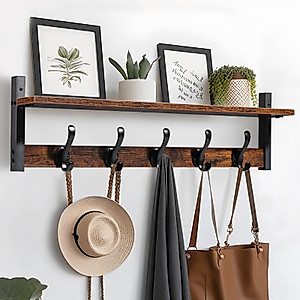 Tatub 29" Rustic Coat Rack Wall Mount with Shelf, Wall Hooks with Shelf, Entryway Floating Shelf with 5 Metal Hooks, Coat Hangers for Entryway, Living Room, Bedroom, Brown Black