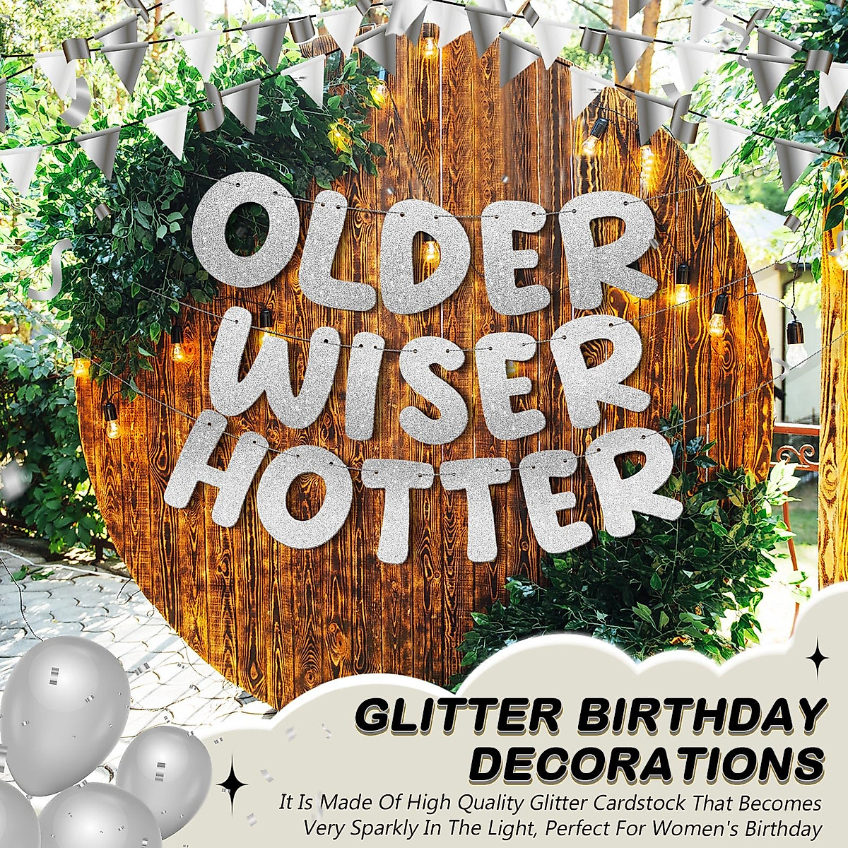 Fulmoon Set of 3 Pre Strung Older Wiser Hotter Glitter Banner Funny Birthday Banner for Women 30th 40th 50th 60th 70th 80th Birthday Party Decorations Sign Gift(Silver)