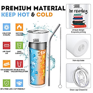 Set of 3 Book Lovers Gifts 20 oz Stainless Steel Insulated Travel Tumbler Library School Canvas Bag Cute Tote Bag Novelty Socks for Women Teacher Students Girls Birthday Book Club Librarians Reader