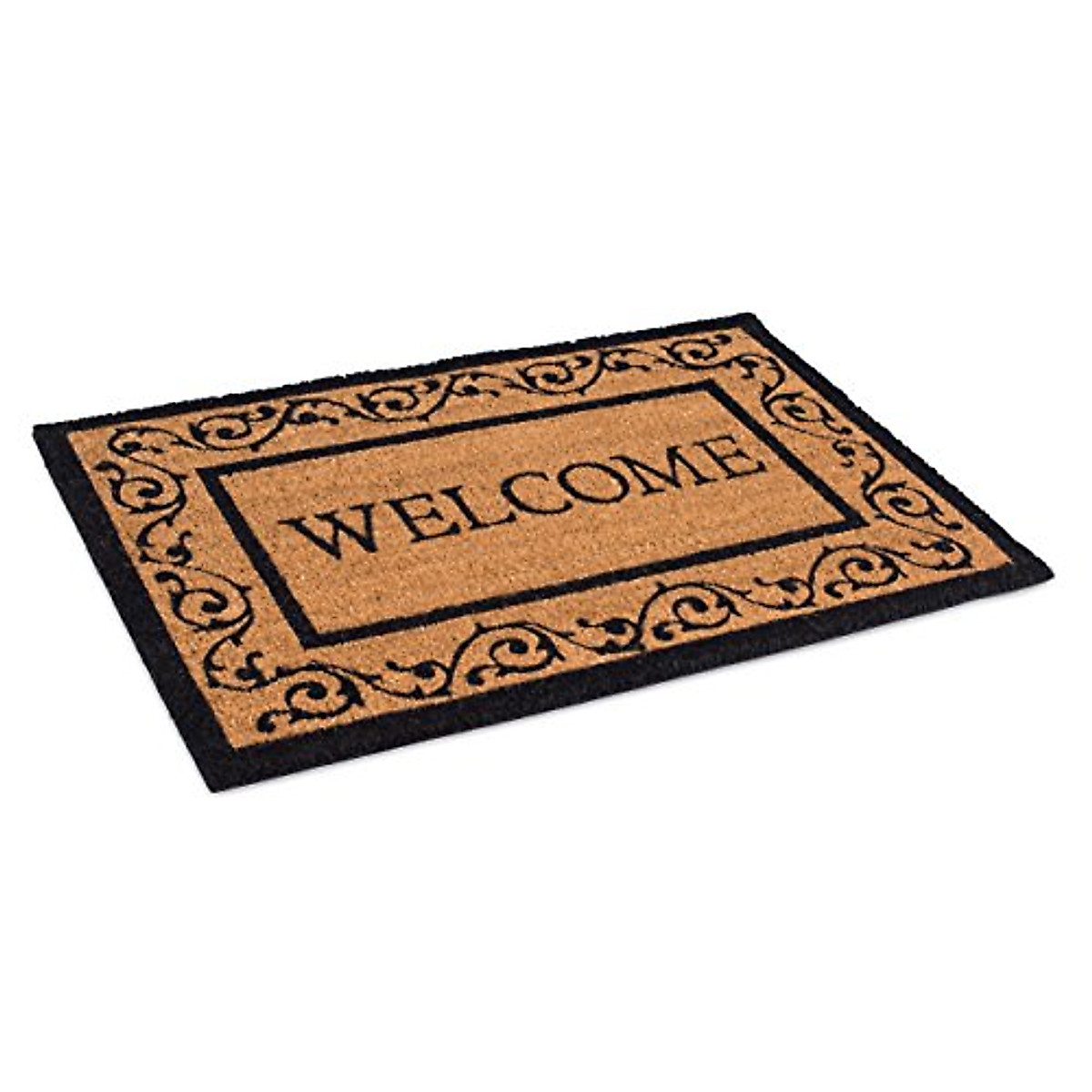 BirdRock Home Welcome Coir Doormat with Scroll Border - 24 x 36 Inch - Oversized Welcome Mat with Black Border and Natural Fade - Vinyl Backed - Outdoor