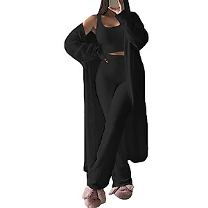 Linsery 3 Piece Sexy Fuzzy Outfit for Women Sherpa Jacket Coat and Crop Top Wide Leg Pants Lounge Set Cozy Fleece Tank Top and Pants Pajamas Black S