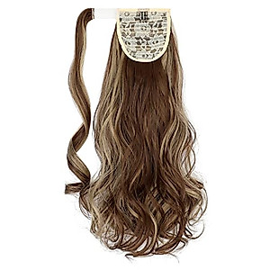FELENDY 18" 20" 22" 24" Ponytail Extension Curly Wavy Straight Drawstring Hairpiece Wrap Around Long Synthetic Hair for Women(Ash Blonde Mix Light Brown)
